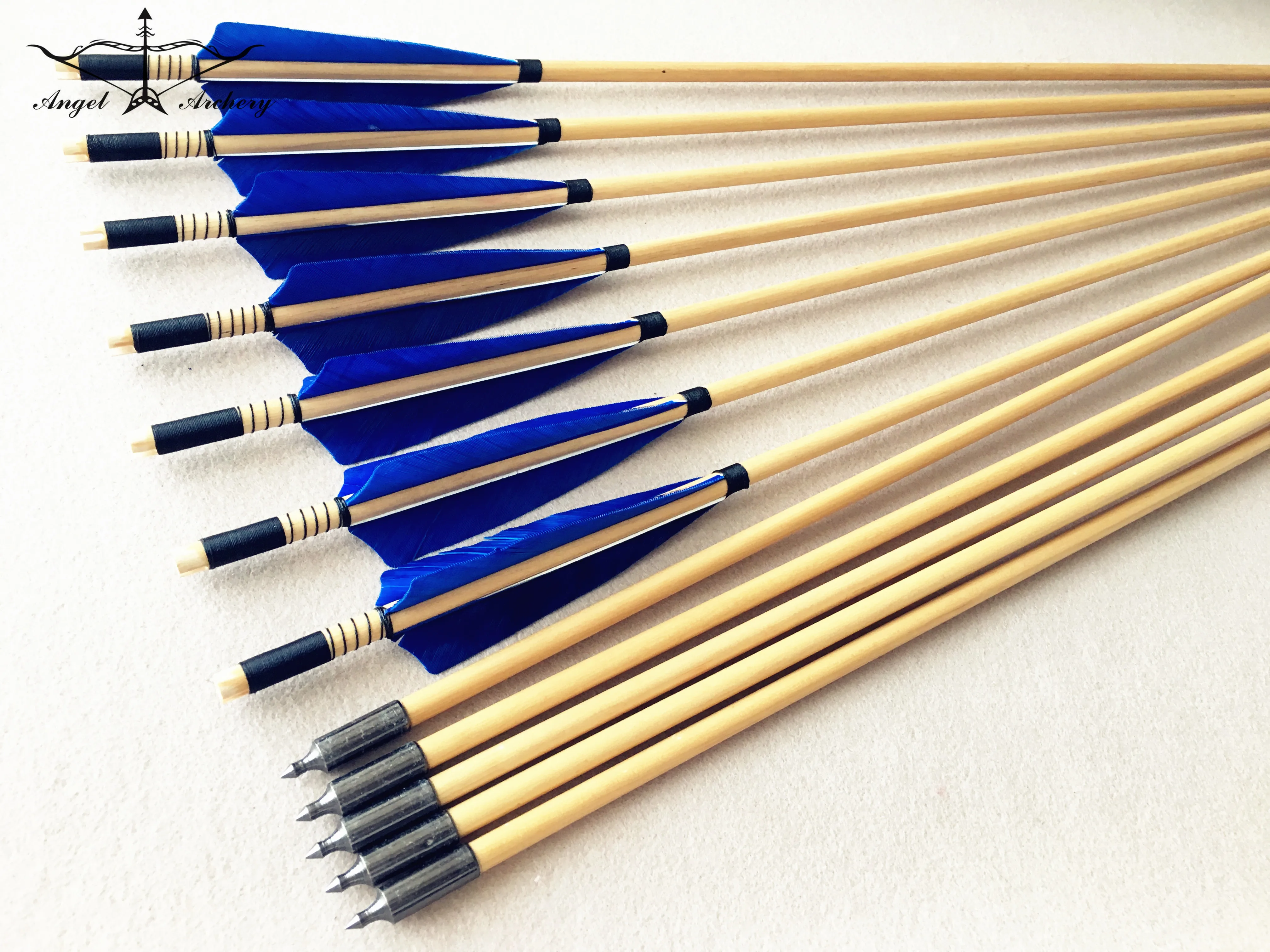 6PK-12PK-Blue-5inch-Feathers-Wooden-Arrows-For-Hunting-Longbow-Wood ...