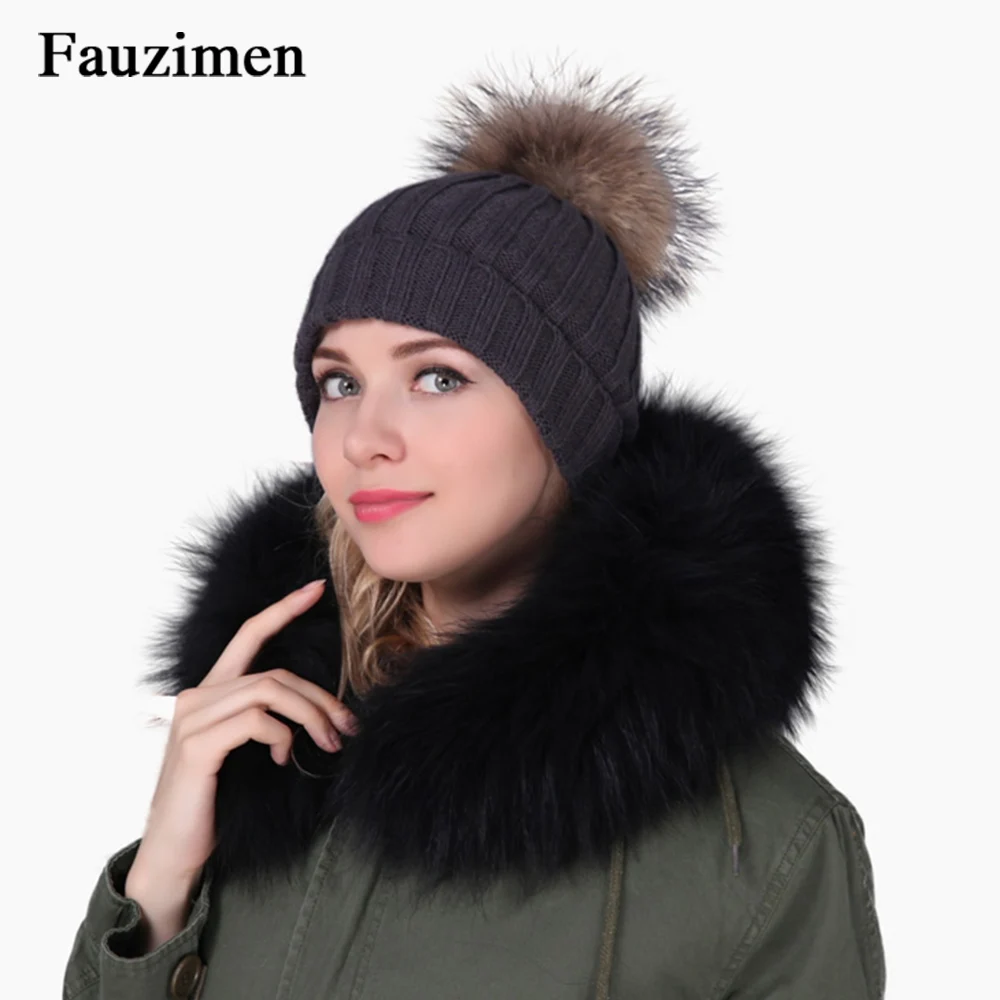 Winter Warm Knitted Striped Beanie Hat Real Raccoon Fur Pom Poms Caps ...