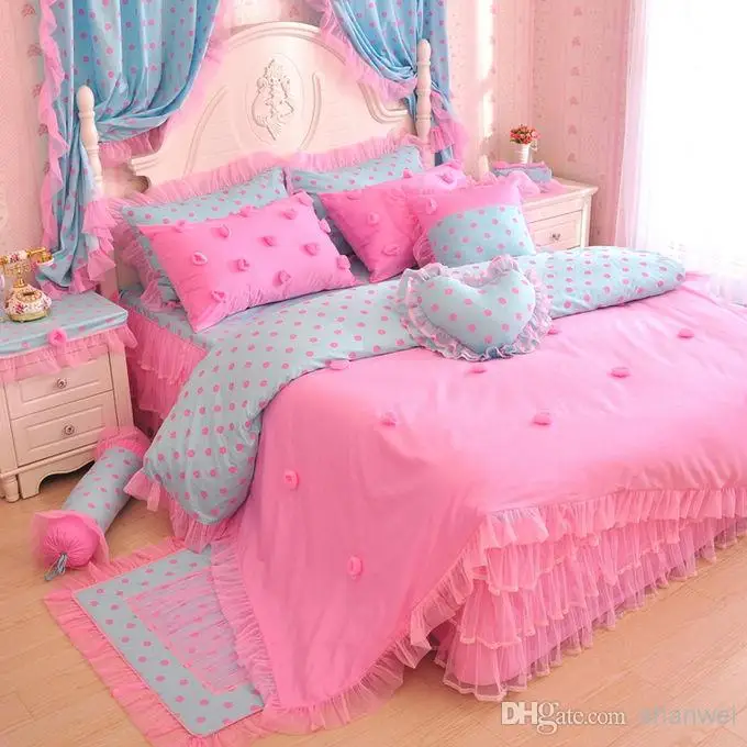 pink blue lace princess girls lady fancy bedding set queen full king ...