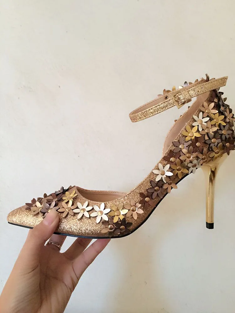 New fashion gold leather flower high heel shoes sexy pointed toe ankle ...