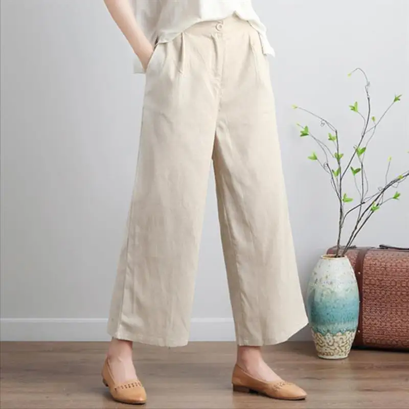 MISSKY Women Summer Spring Pants Fashion Cotton Linen Solid Color Thin ...