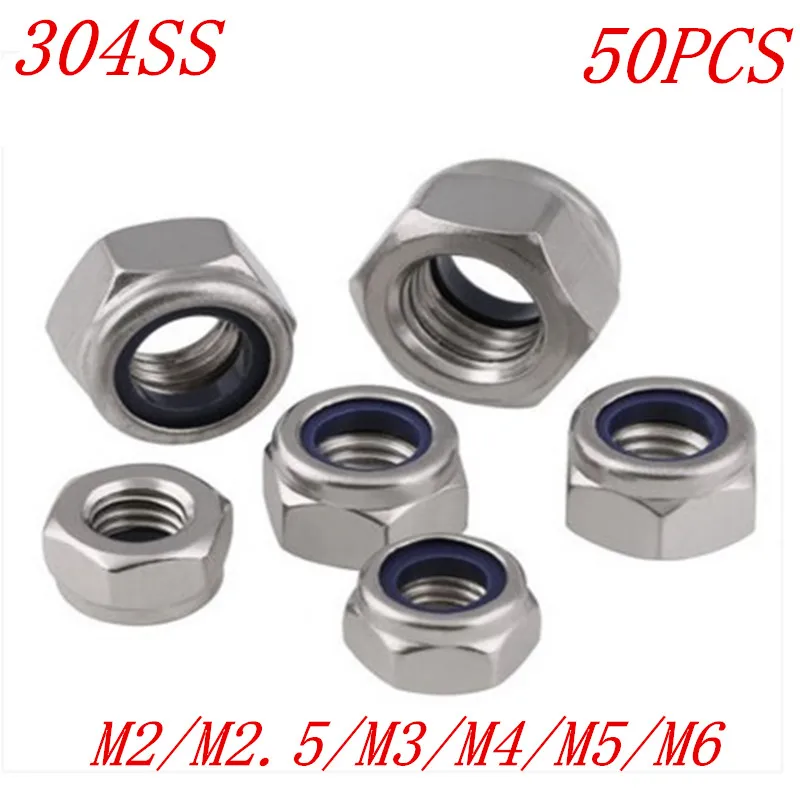 50 Uds DIN985 M2 M2.5 M3 M4 M5 M6 de acero inoxidable de Nylon insertar tuercas hexagonales de ...