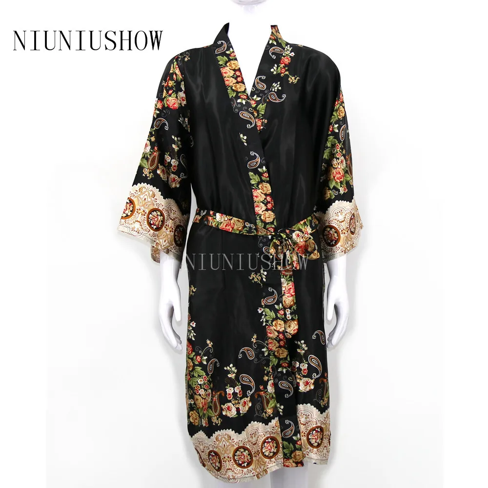 New Print Womens Satin Robe Gown Lady Elegant Floral Kimono Sexy