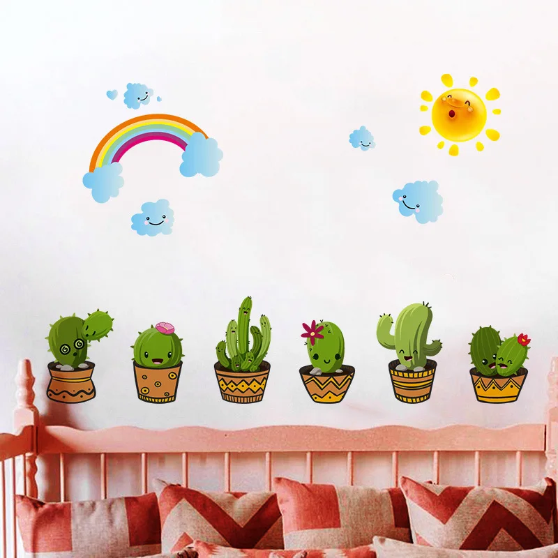 green cactus faces pot plants wall stickers kids nursery bedroom home ...