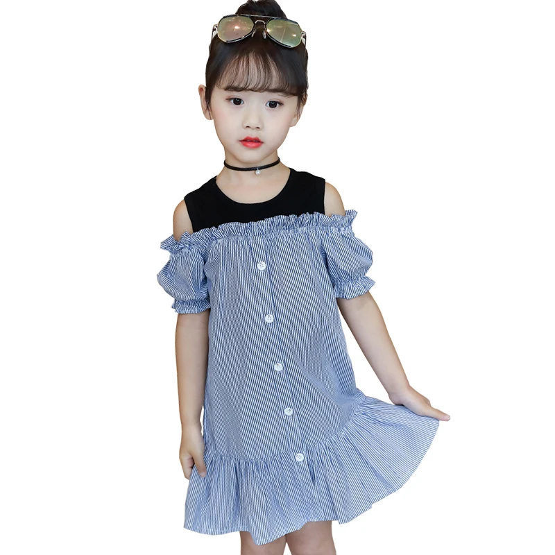 summer new fashion girls off the shoulder dresses kids False two pieces ...
