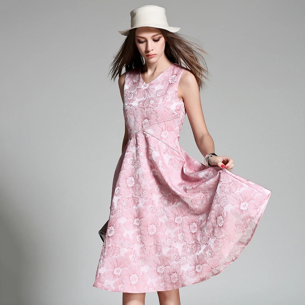 Floral Pink Tank Dresses For Women Sleeveless V-neck Vestido De Festa ...