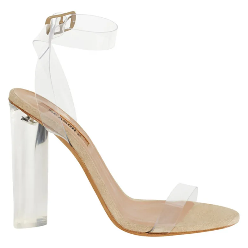 Fashion Clear PVC Lucita Heels Ankle Wrap Around Chunky High Heels ...