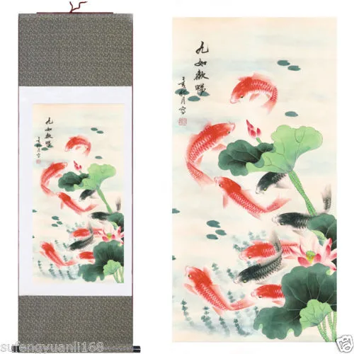 40"Chinese SuZhou Silk Art Nine Goldfish Silk Decoration Scroll ...
