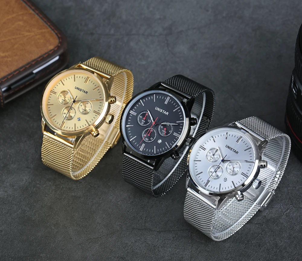 UNISTAR Luxus Herrenuhr Edelstahl Quartz Top Mann Sportuhr Wasserdicht ...