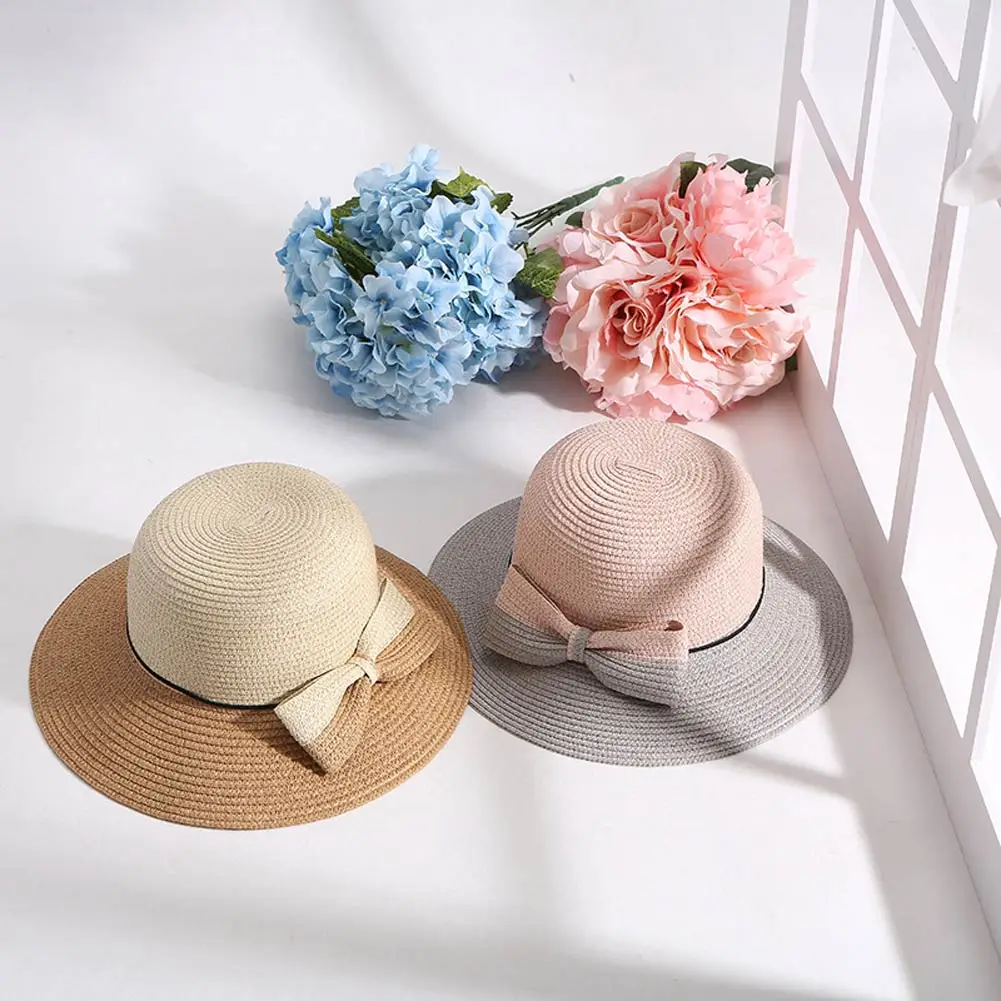 Women Straw Sun Hat Wide Brim Bowknot Decor Bucket Hats Casual Outdoor