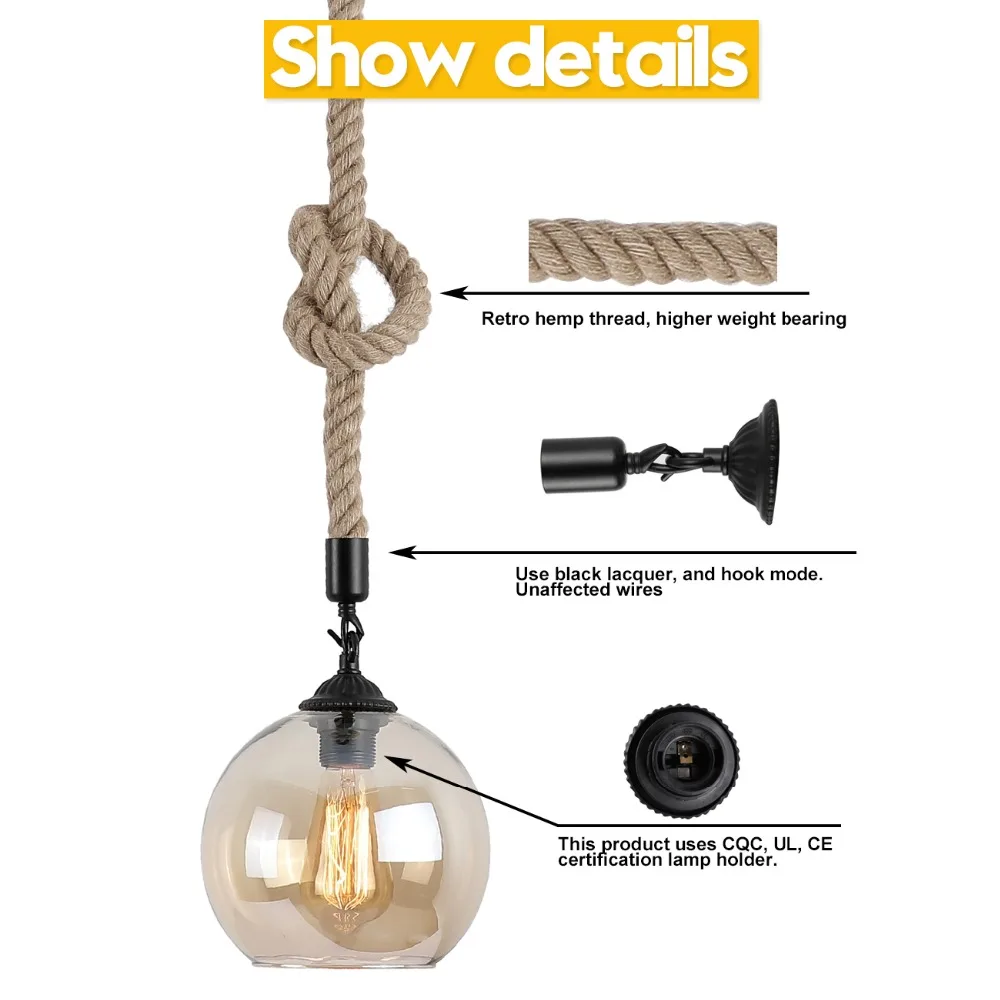 Loft Vintage retro Pendant Lights Industrial Glass Ball Hemp rope E27 ...