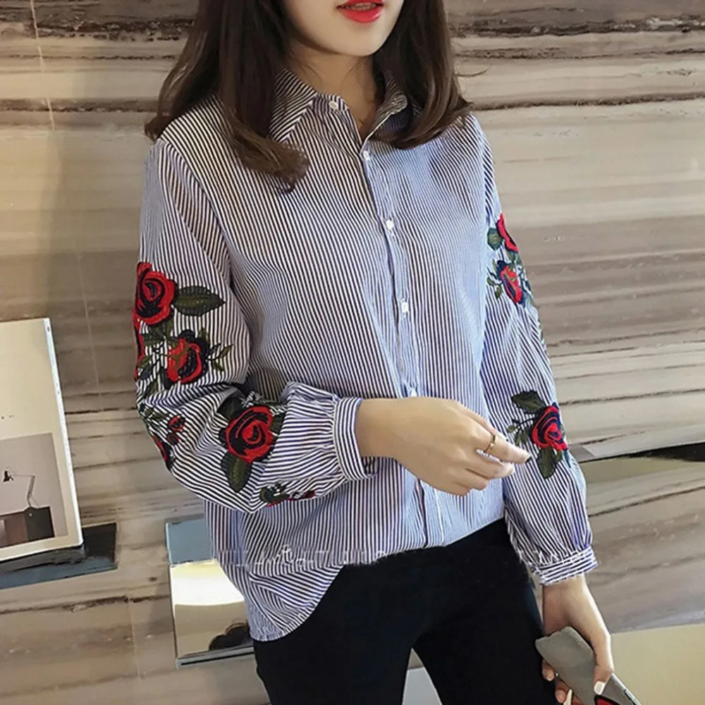 New Summer Women Floral Embroidered Striped Shirts Korean Style Loose
