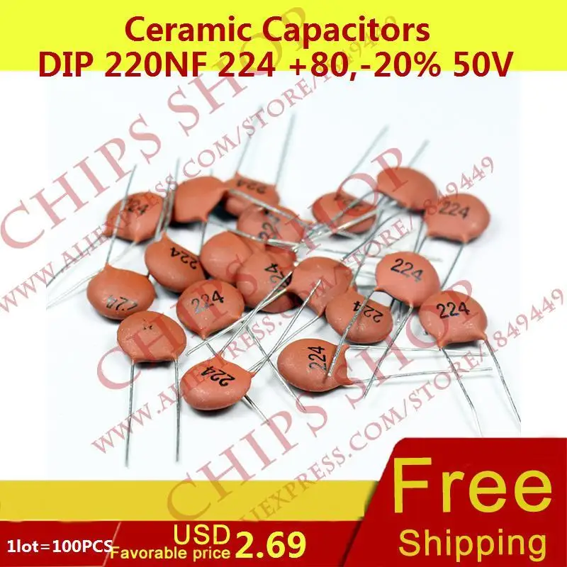 1LOT=100PCS Ceramic Capacitors DIP 220nF 224 +80, 20% 50V 220000pF 0 ...
