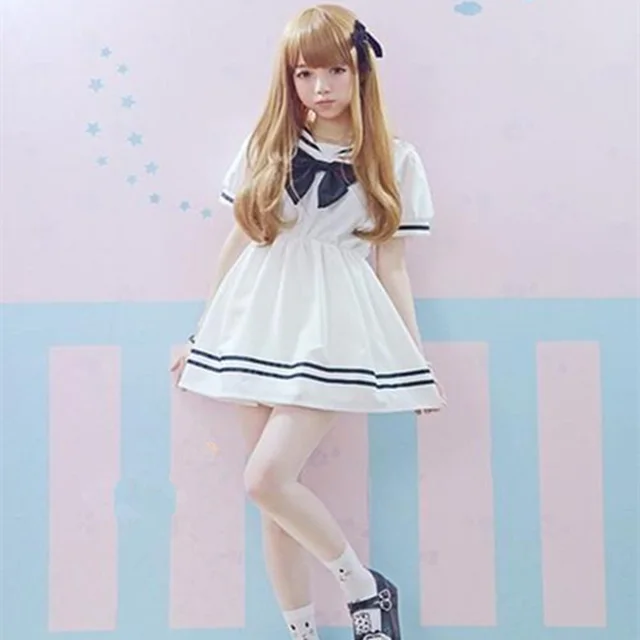 2015 New Kawaii Girl Sailor Collar Dress Cute Bow Navy Short Sleeve ...
