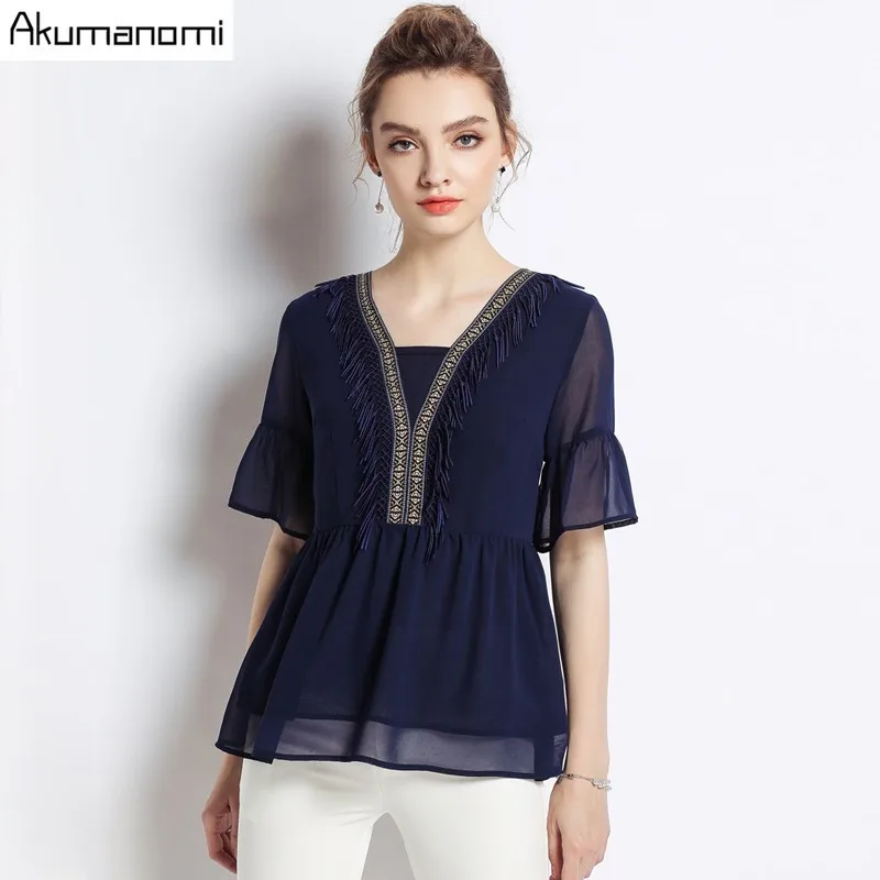 Summer Chiffon Blouse Women Clothing Navy Blue Tassel Square Collar