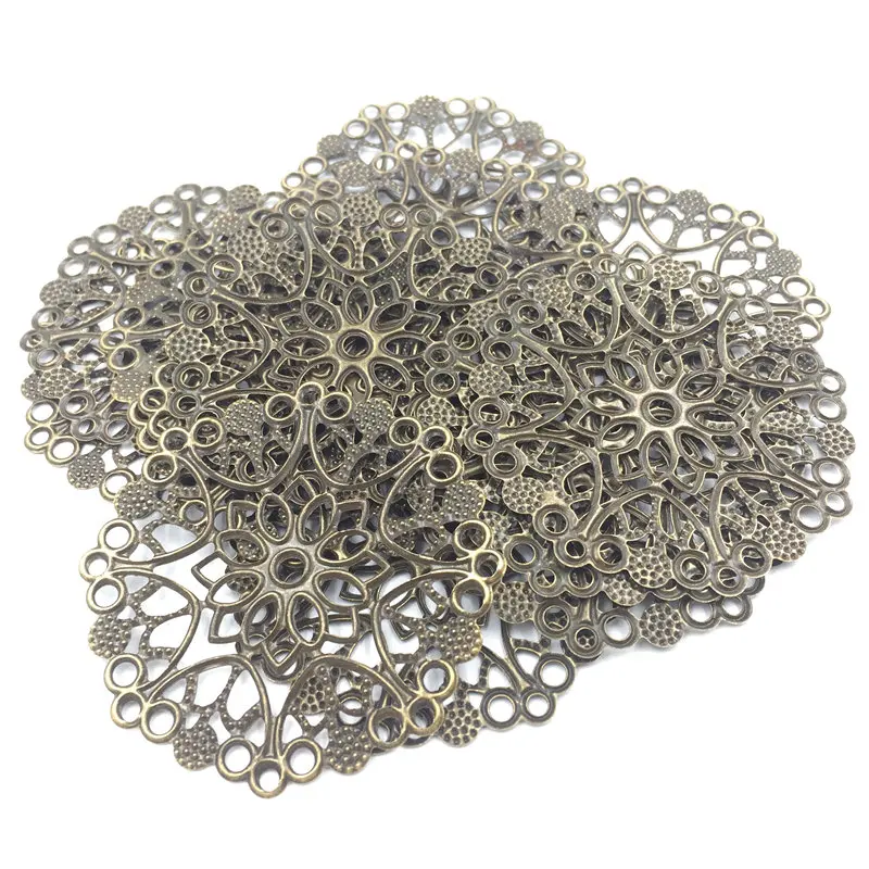 10pcs Connectors Decoration Bronze Tone Round Flower Filigree Wraps ...