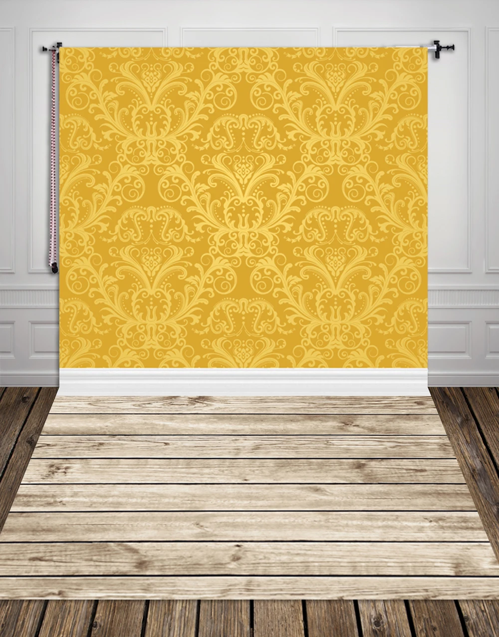 HUAYI Yellow Damask With Vintage Brown Wood Floor Backdrop Art Fabric ...