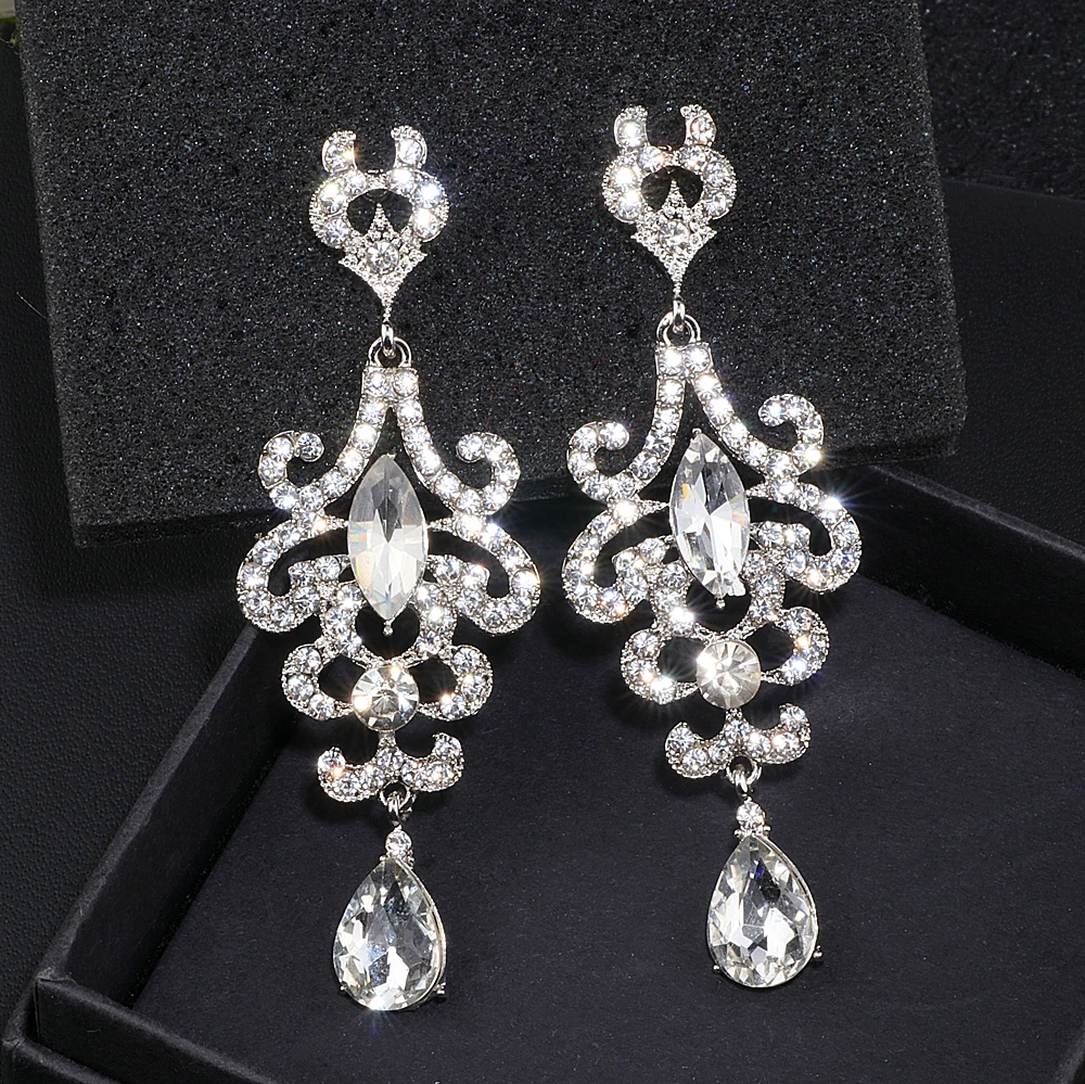 Luxury Long Drop Earrings For Women Silver Color Crystal Bridal