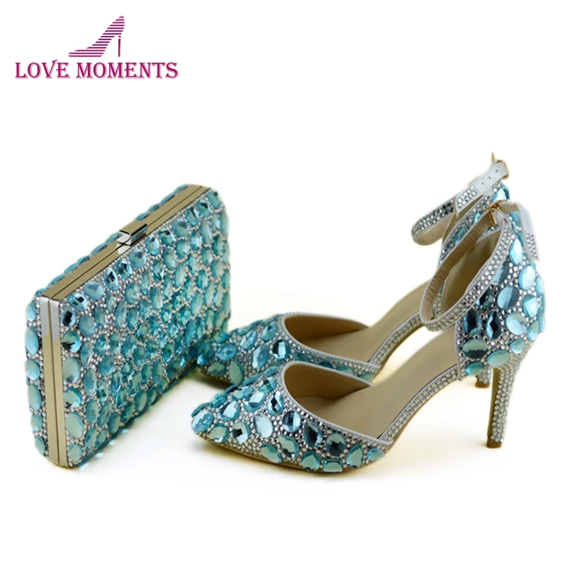 Spring-and-Summer-Blue-Rhinestone-Shoes-With-Matching-Bag-Women-Bridal ...