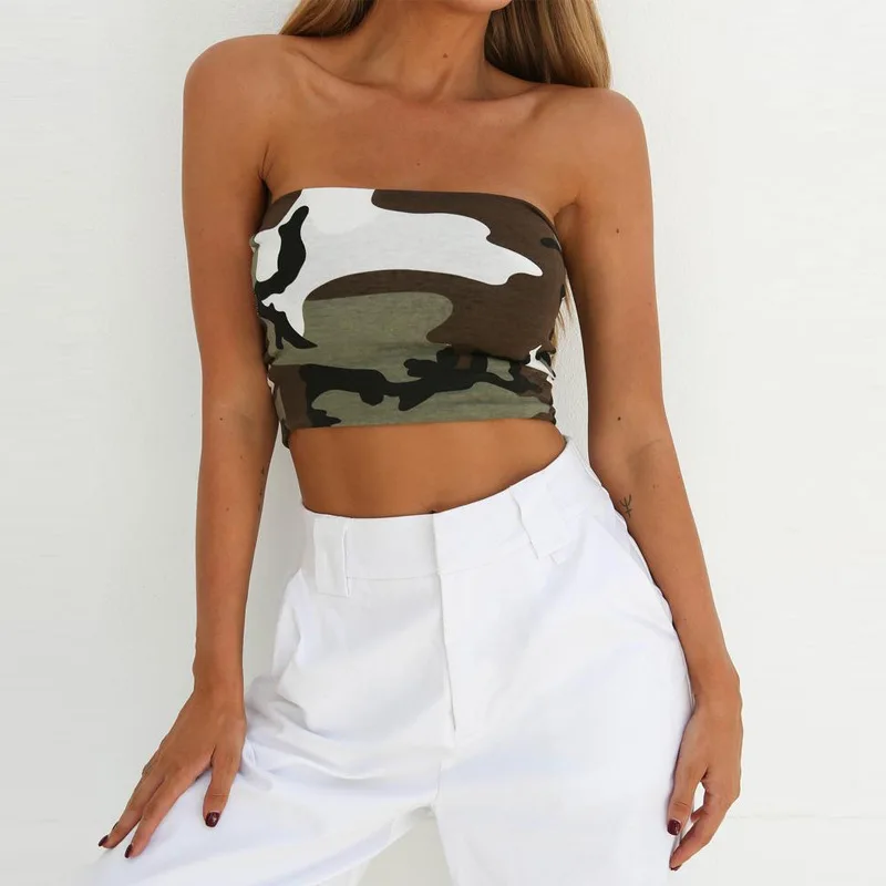 Camouflage Tank Tops Sleeveless Strapless Off Shoulder Backless Summer