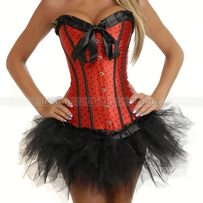 Red Polka Dots Corset Bustier Sexy Body Shaper Lingerie Black Tutu