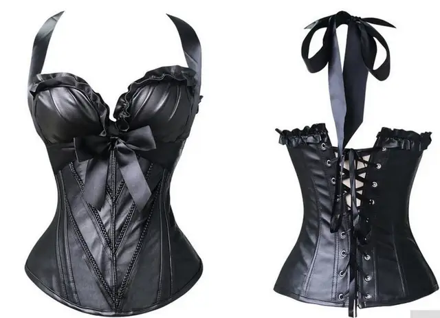 Sexy Lingerie Women Black Faux Leather Lace Steampunk Corset Dress Waist Gothic Bustier Corset