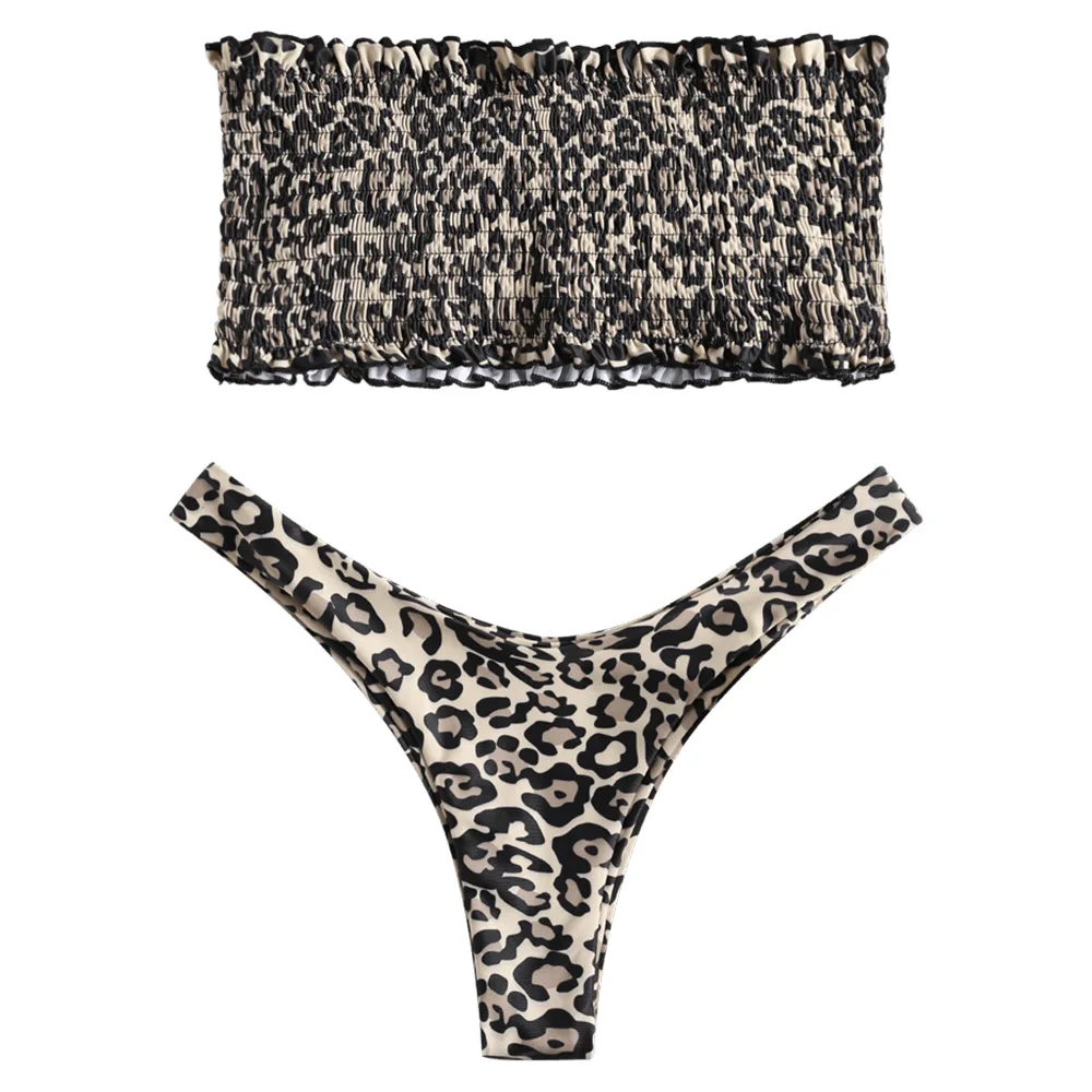Zaful Leopard Print Bandeau Bikini Set High Cut Shirred Padded Swimwear