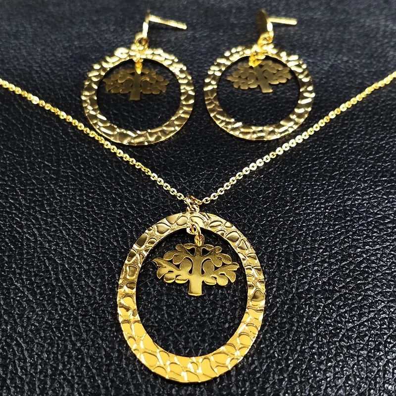 2019 Tree of life Stainless Steel Jewelry Set Peru Gold Color Necklace ...
