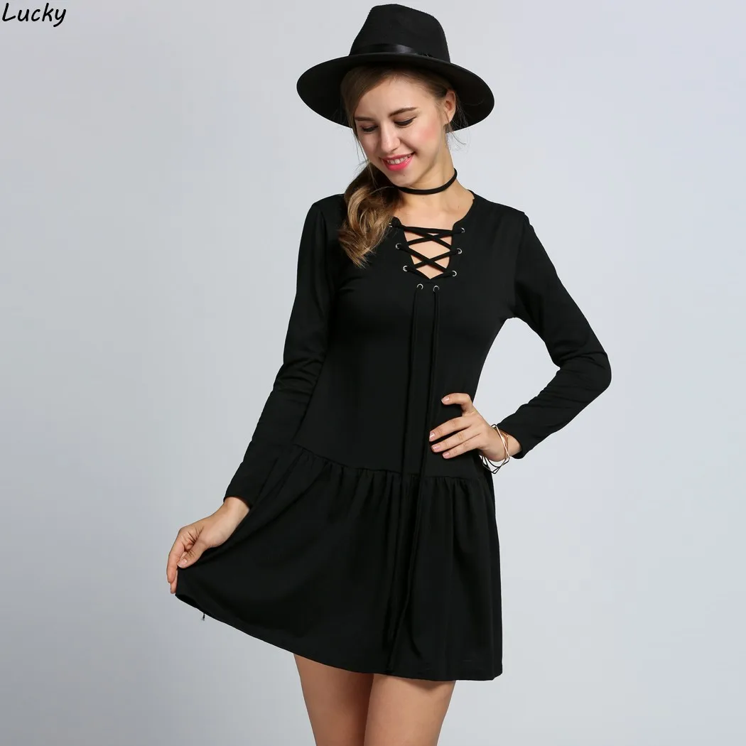 Women Lace Up Front Plunge Neckline A line Stretchy Mini Dress V Neck ...