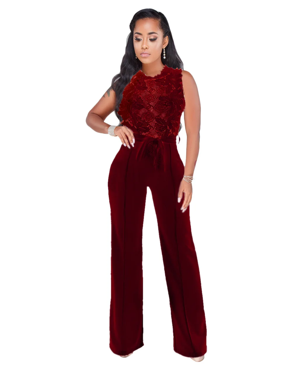 Summer Sexy Floral Lace Jumpsuits Sleeveless See Through Wide Leg Pants Rompers Elegant