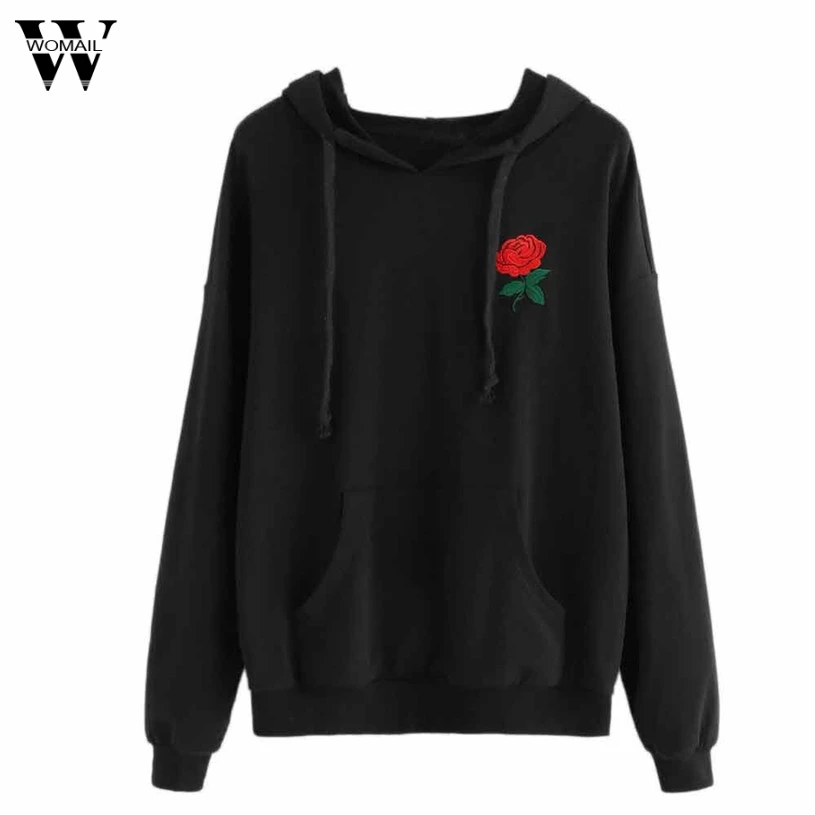 Womail Women Rose Appliques Embroidery Hoodie Fashion Tops Black Cotton
