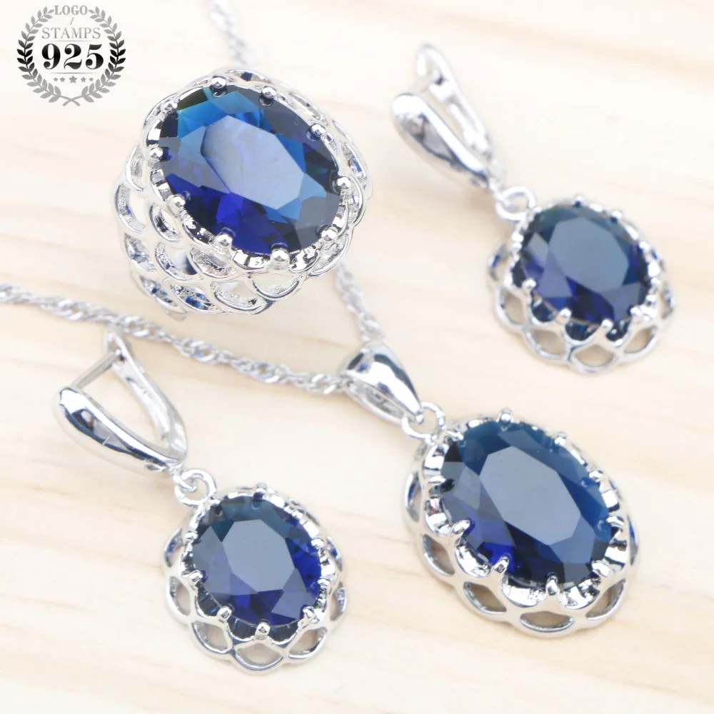 Blue Zircon 925 Sterling Silver Jewelry Sets Women Wedding Earrings ...