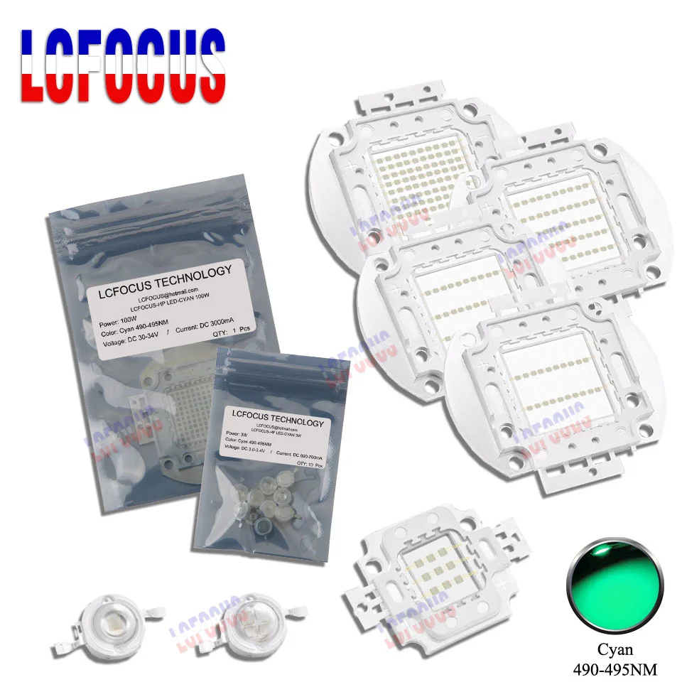 High Power 1W 3W 5W 10W 20W 30W 50W 100W Cyan 490 495NM LED COB Chip 1 ...