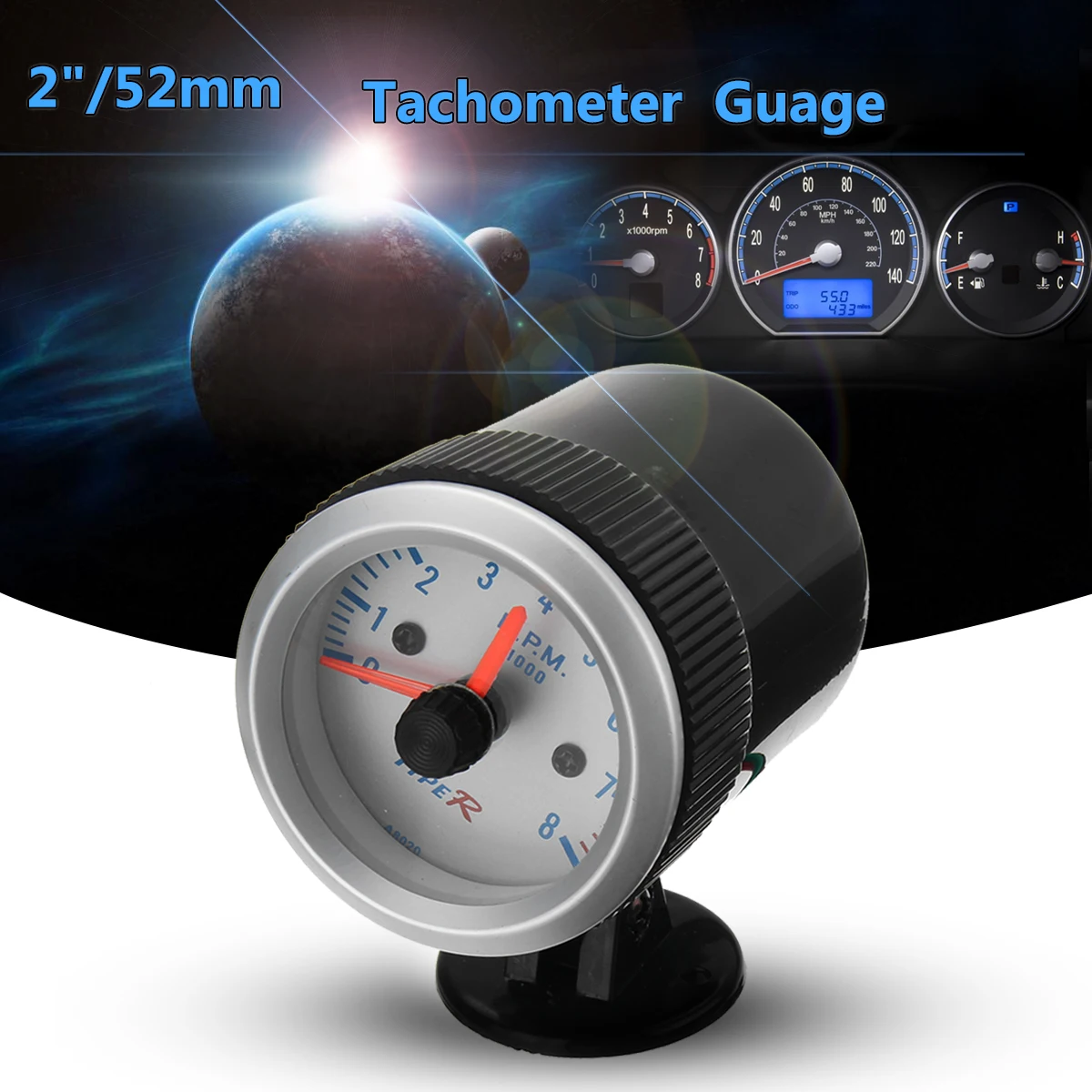 Universal 2 inch 52mm Blue LED Tacho 12V 8000 RPM Tachometer Pointer ...