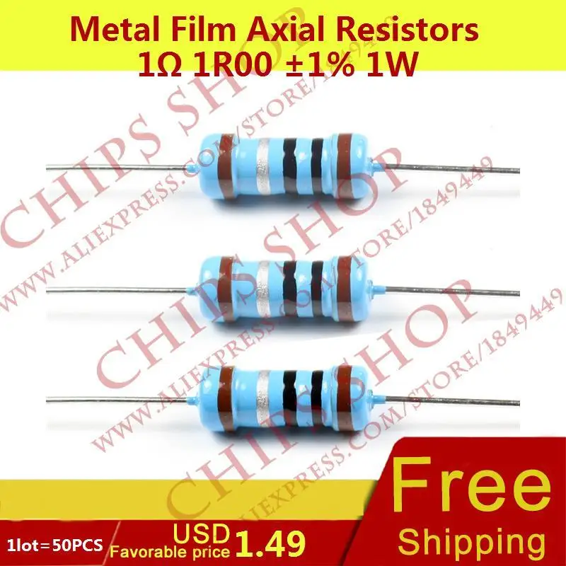 1LOT=50PCS Metal Film Axial Resistors 1ohm 1R00 1% 1W Wattage1W ...