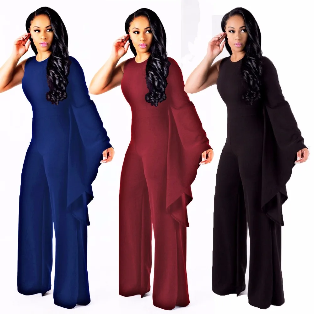 black dark blue women Sexy Loose Jumpsuit casual O Neck One Shoulder ...