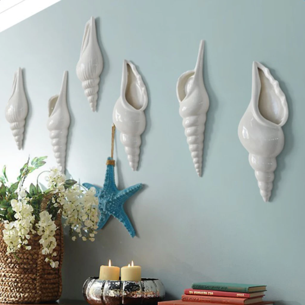 Set 2 Modern White Ceramic Sea Shell Conch Flower Vase Wall Hanging ...