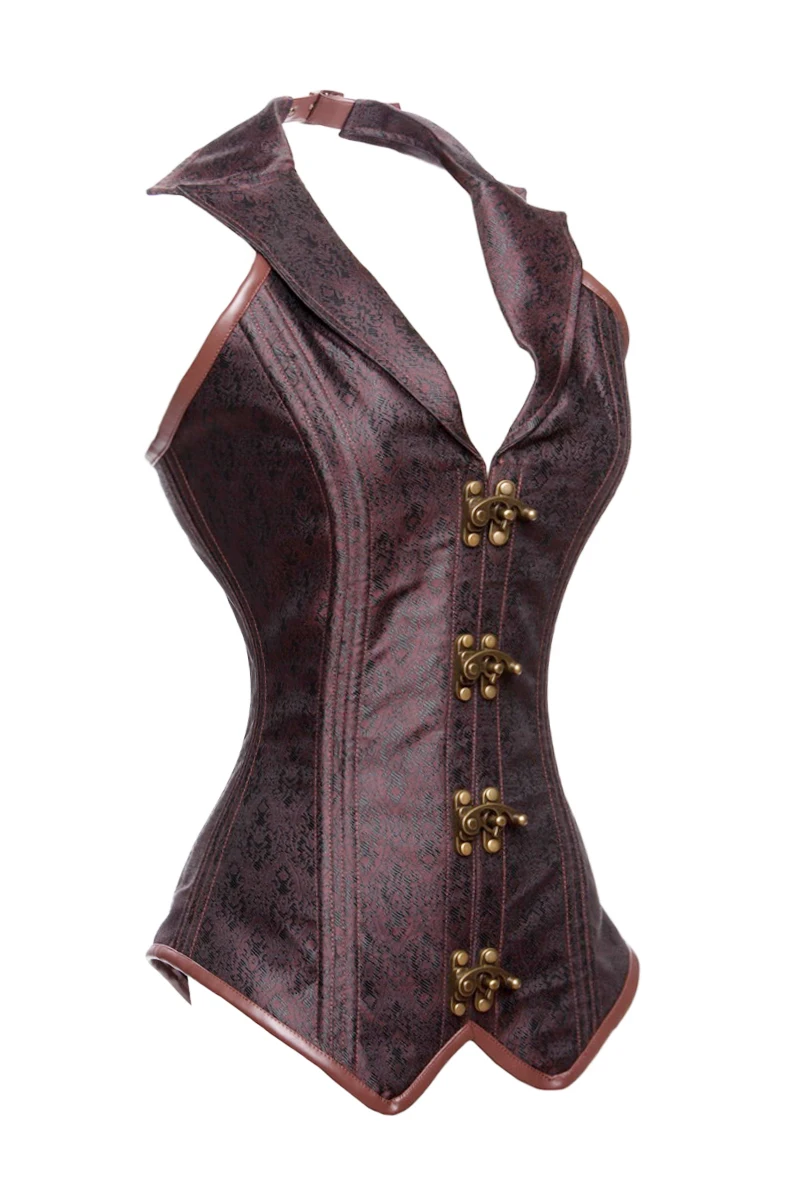 Wholesale Overbust Steel Bone Corset Brown Strap And Front Collar Brocade Corset B1531a In