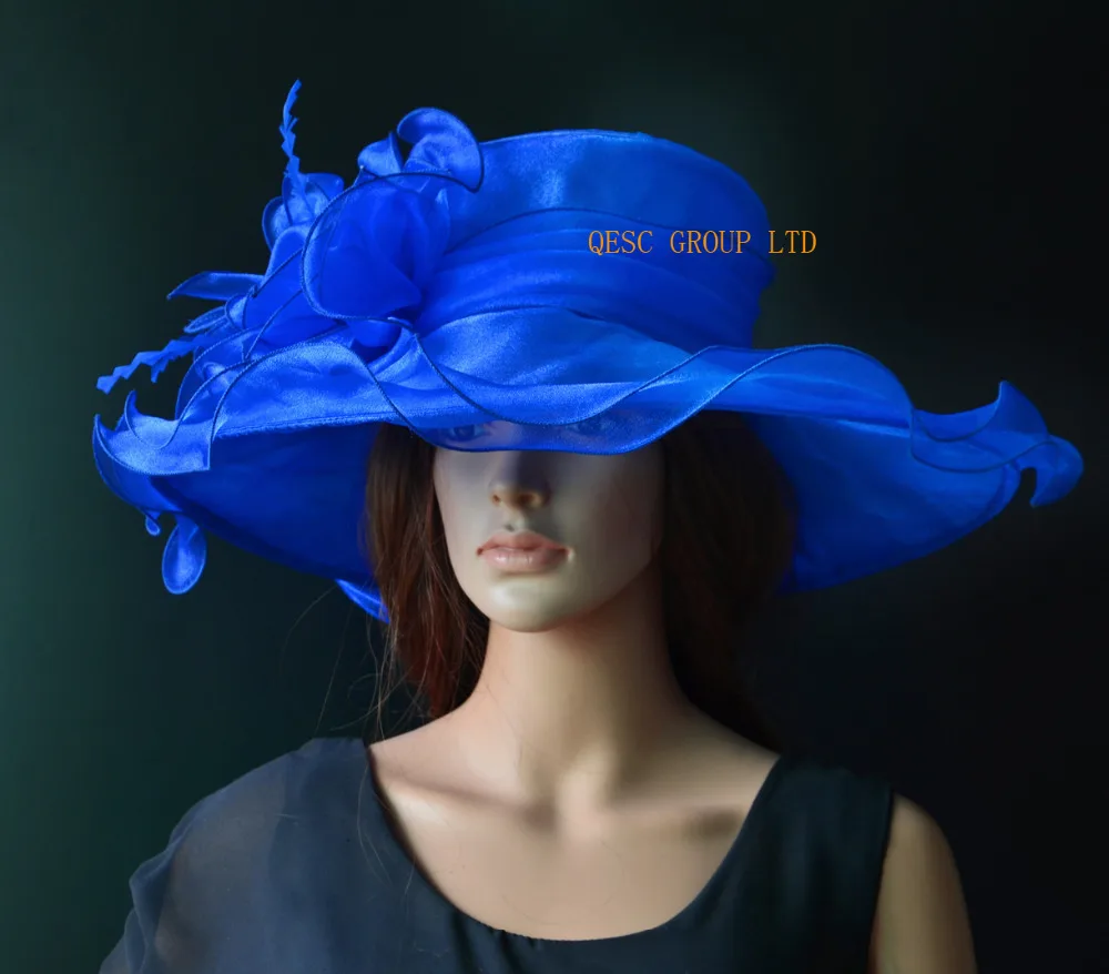 Royal blue X Large wide brim Crystal Organza Hat sinamay fascinator ...