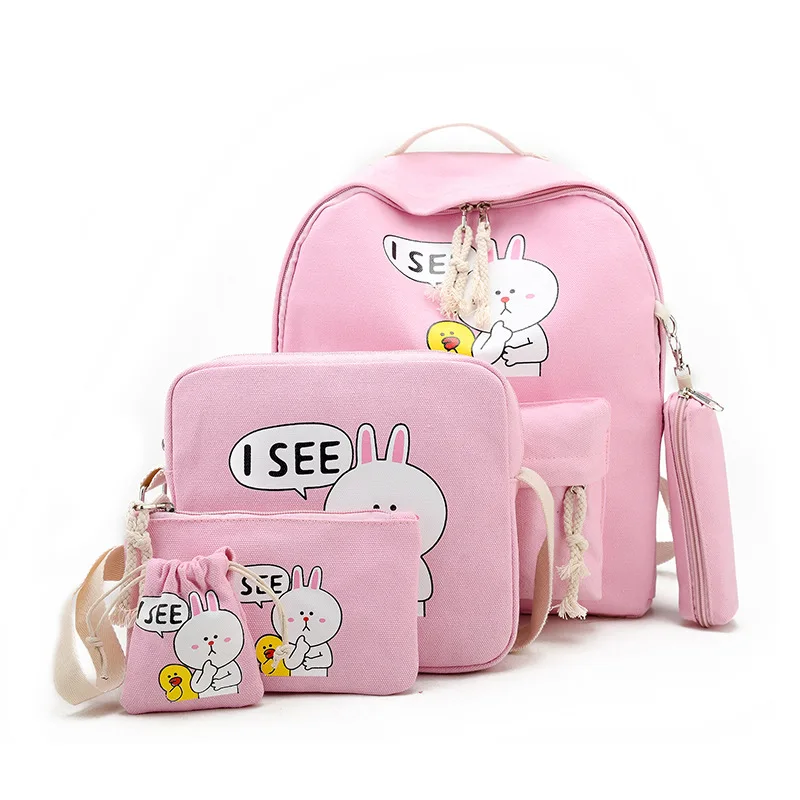 4PCS/Set Fashion Concise Durable Canvas Backpack Cute Cartoon Rabbit ...
