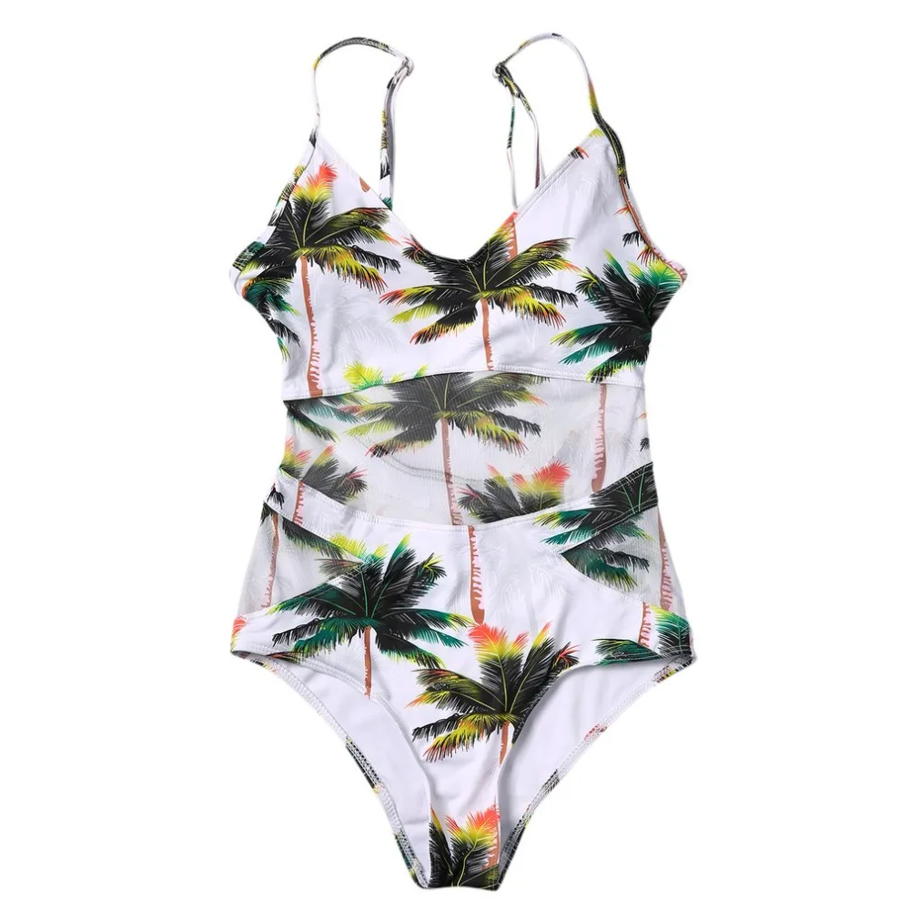 One Piece Swimwear Halter Strap Palm Tree Printed Women Skinny Bodysuit