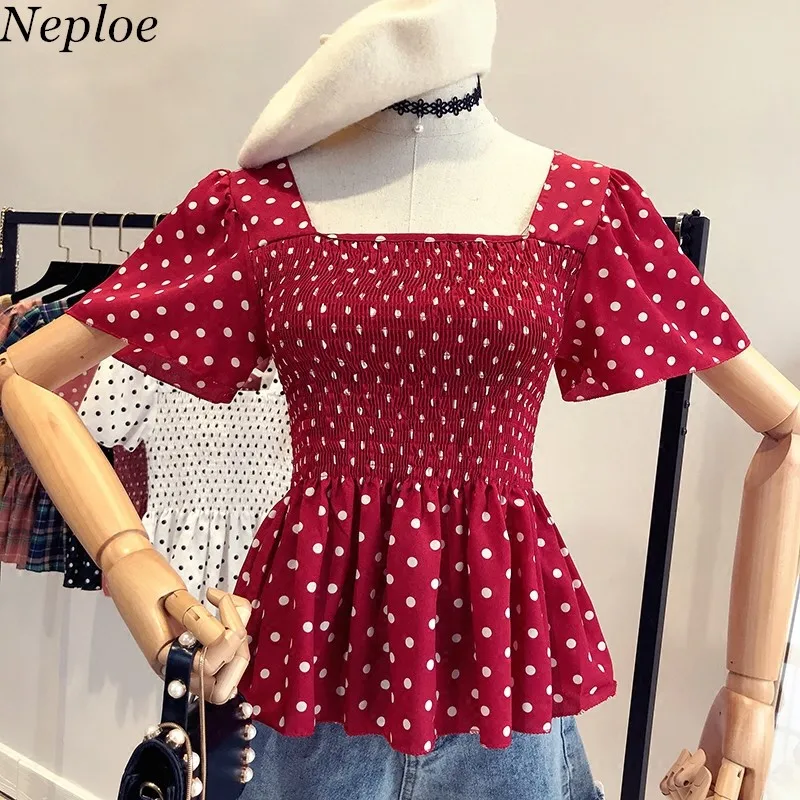 Neploe Polka Dot Ruffles Chiffon Blouse Short Sleeve Square Collar
