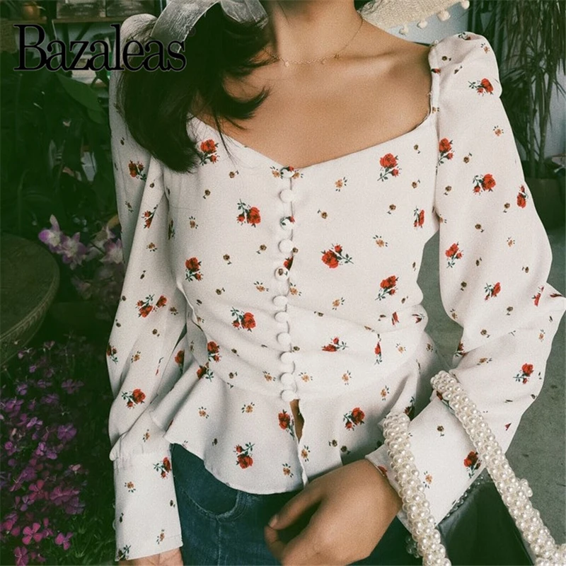 Bazaleas Vintage Womens Tops And Blouses Flower Pattern Women Blouse ...