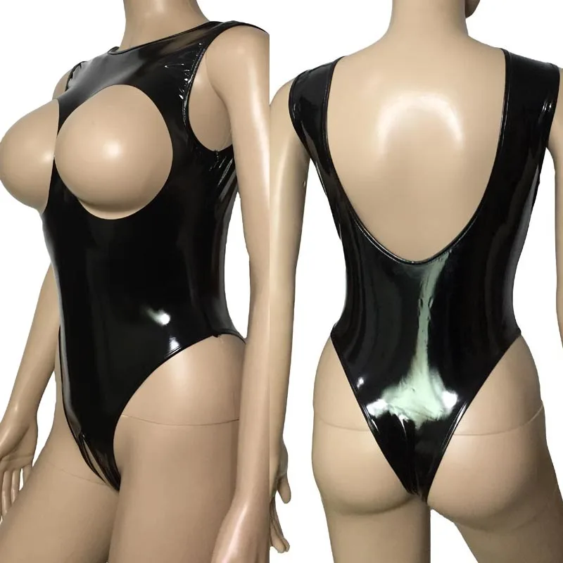 Sexy Women Patent Leather Cupless Crotchless Leotard Open Breast Crotch Wetlook Shiny Teddies ...