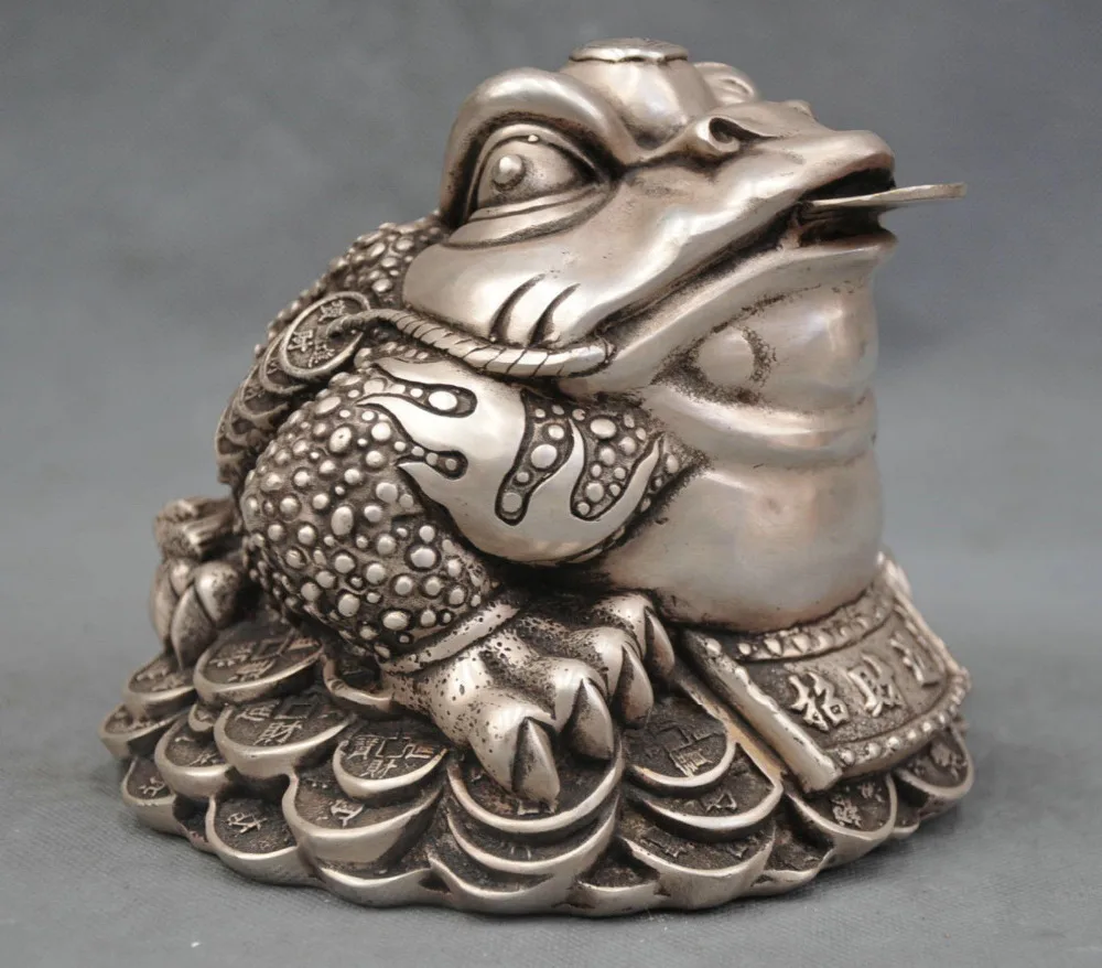 7'' China Silver Bronze toad bite copper cash Lucky luck Bronze Statue ...