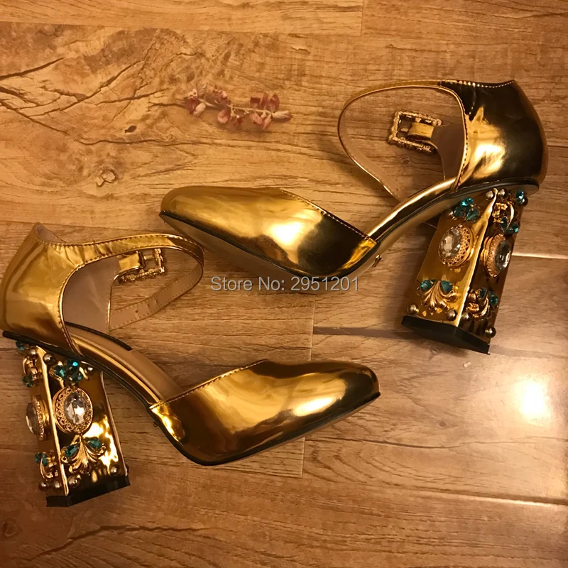 Classic Women Gold Pumps Crystal Round Toe Chunky Heels Ankle Strap ...