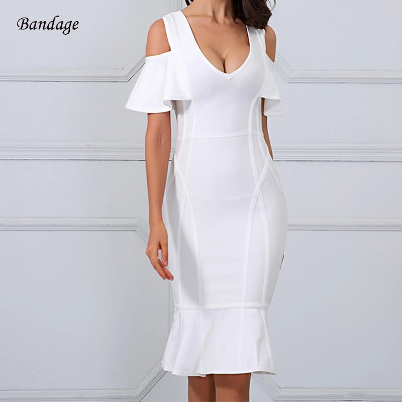 Elegant White Women Bandage Dress Sexy Cold Shoulder Ruffles V Neck
