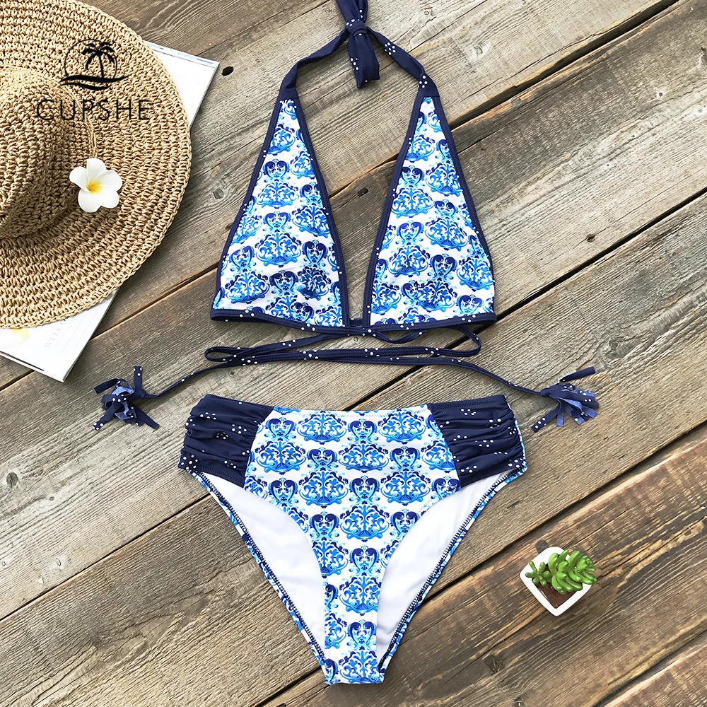 Cupshe Blue Exotic Plunging Tie Dye Halter Bikini Sets Women Heart Neck