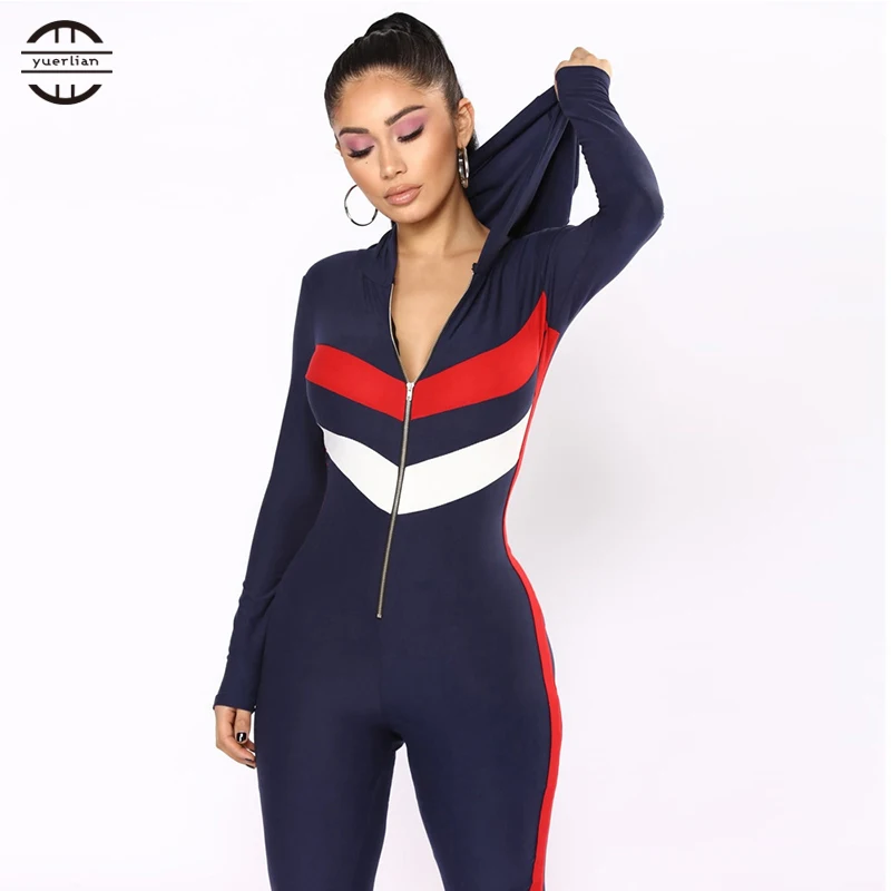 Zipper Hooded Rompers Jumpsuits For Women 2018 Patchwork Long Sleeve