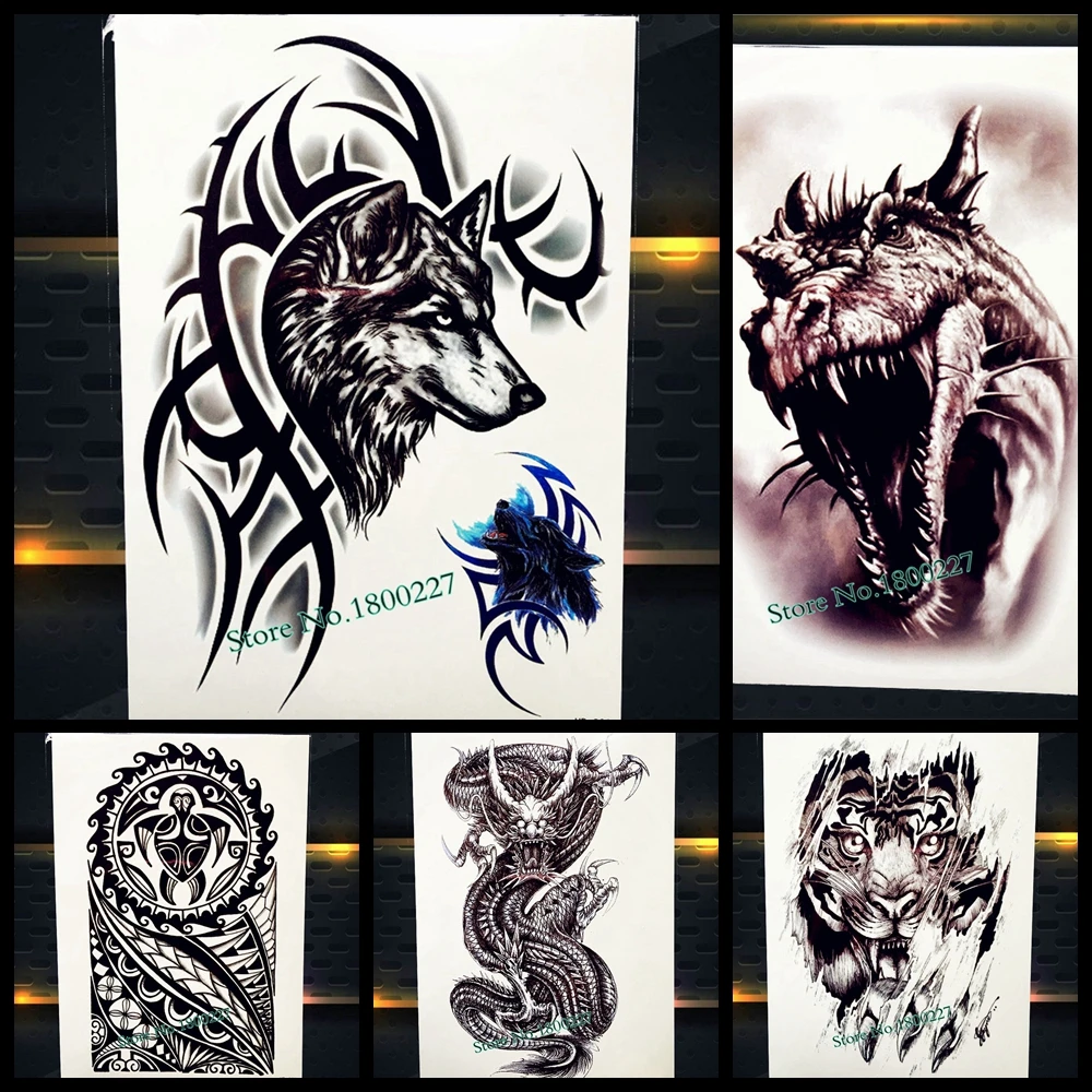 New 3d Black Fake Wolf Tattoo Body Arm Art 21x15cm Waterproof Scar ...